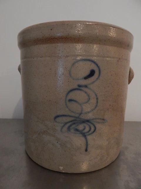 ANTIQUE STONEWARE CROCK Cobalt Blue "Lazy Eight Target" Design Dual ...