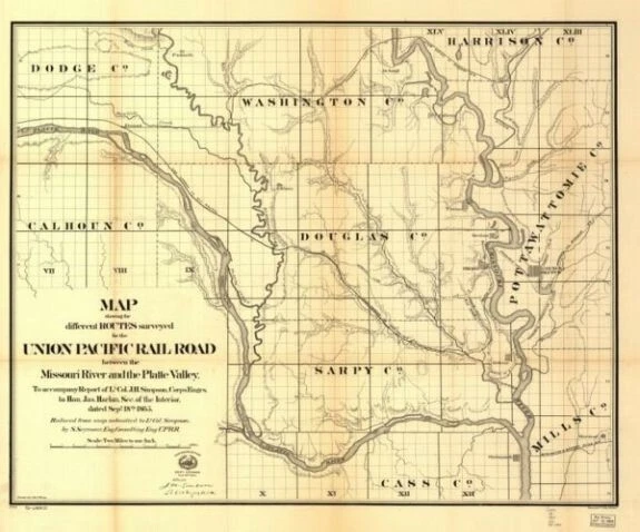 1865 MAP| MAP showing the different routes surveyed for the Union ...