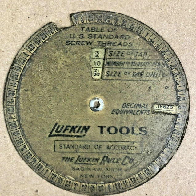 VINTAGE LUFKIN TOOLS Wheel Chart Decimal Equivalent Screw Threads Tap ...