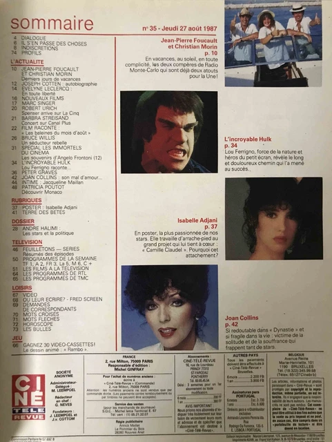 CINE REVUE N°35/1987-MARC SINGER-DON JOHNSON-EVELYNE LECLERCQ-FRONTONI ...