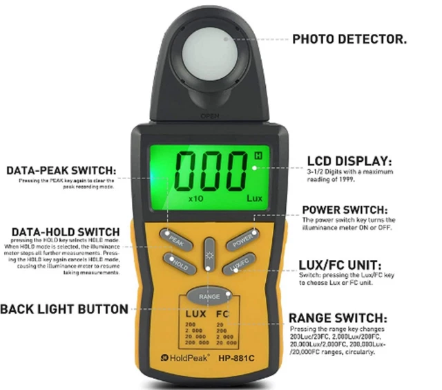 DIGITAL LUX METER HOLDPEAK 881C Light Meter Measure Range 0.1-200,000 ...
