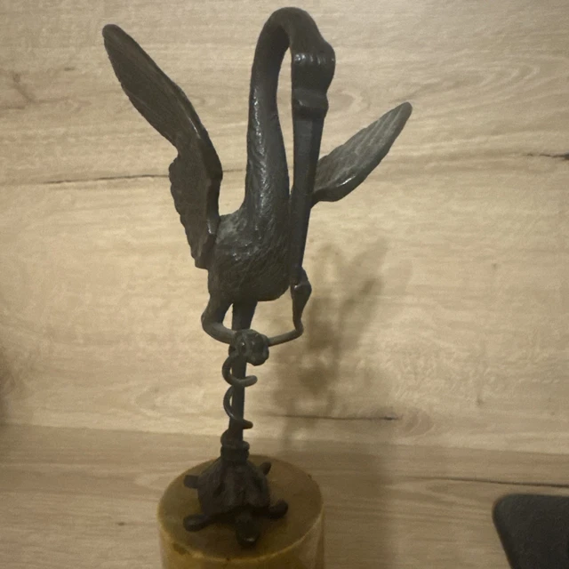 19TH CENTURY CHINESE Bronze-Crane Holding Snake, Standing On Turtle. 10 ...