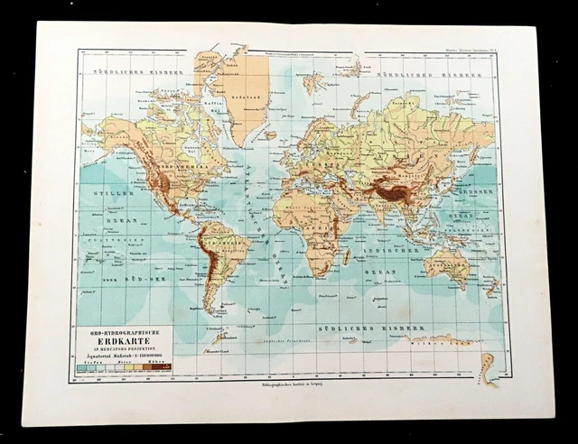 WORLD MAP PHYSICAL Geography Mercators Projection 19thC GERMAN Antique ...