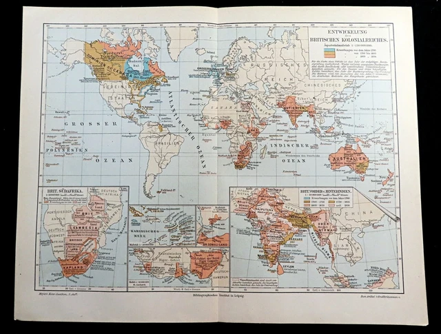 BRITISH EMPIRE MAP World Colonial Territory Colony Lands GERMAN Antique ...