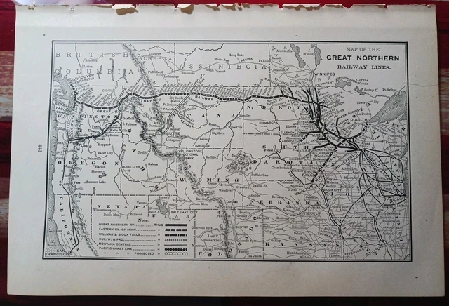 1897 TRAIN ROUTE Map GREAT NORTHERN RAILWAY LINES Pacific Coast Montana ...