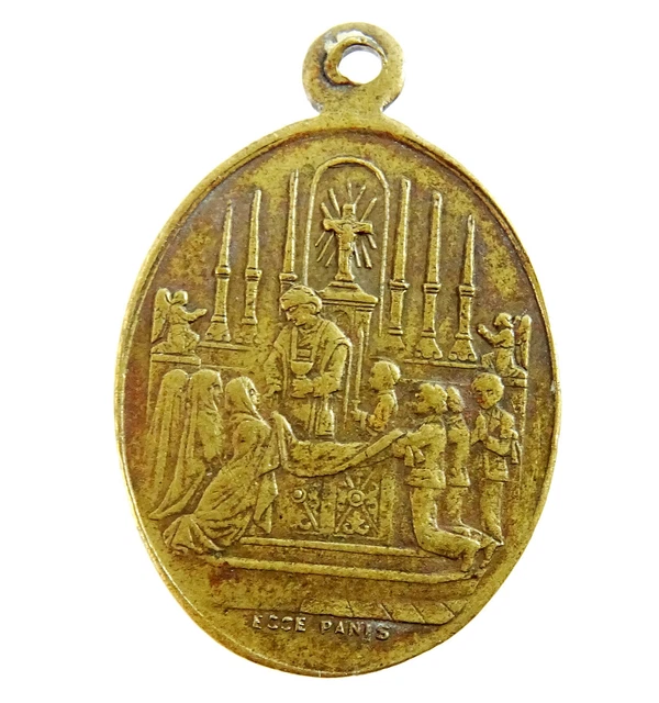 ANTIQUE CATHOLIC MEDAL Holy Communion Ecce Panis Miraculous Medal ...