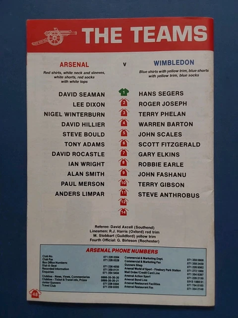 ARSENAL V WIMBLEDON 1st January 1992 £1.16 - PicClick UK