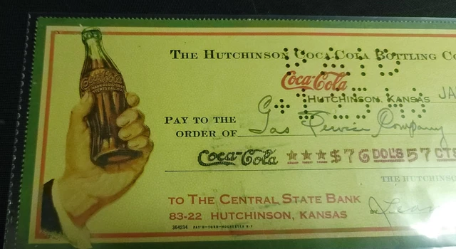 1943 COCA-COLA COKE Bottling Plant Hutchinson Kansas Canceled Check ...