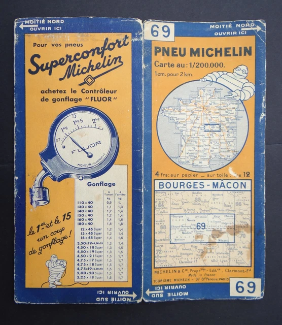 MICHELIN CARD N°69 old map BOURGES MACON NEVERS 1933 Bibendum tyre tire ...