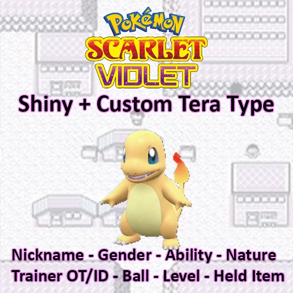 SHINY CHARMANDER POKEMON Scarlet/Violet 6IV & EV Trained Custom Tera ...