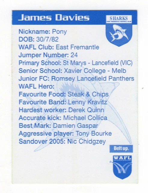 WAFL AUSTRALIA - East Fremantle Sharks 2005 - James Davies EUR 2,20 ...