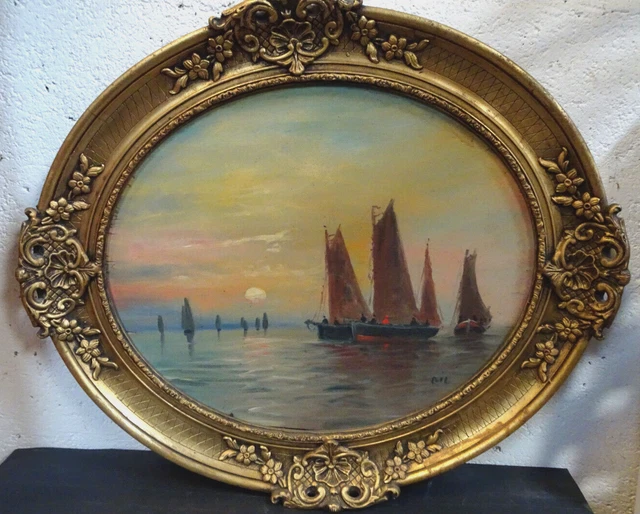 TABLEAU HUILE SUR Panneau Marine-signé GIL- Cadre ovale doré EUR 1,00 ...