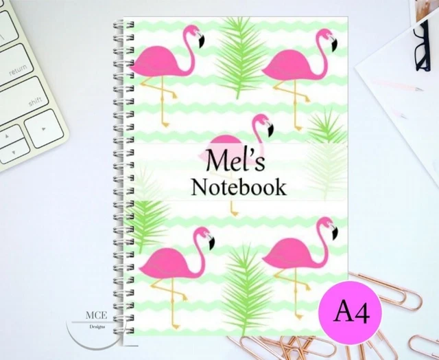 FLAMINGO A4/ A5 Personalised lined/ plain Notebook, drawing book Back ...