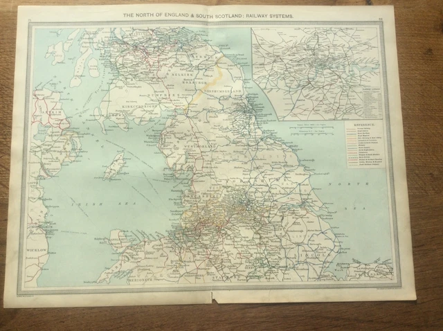ANTIQUE 1904 COLOUR Map North England South Scotland Railways ...