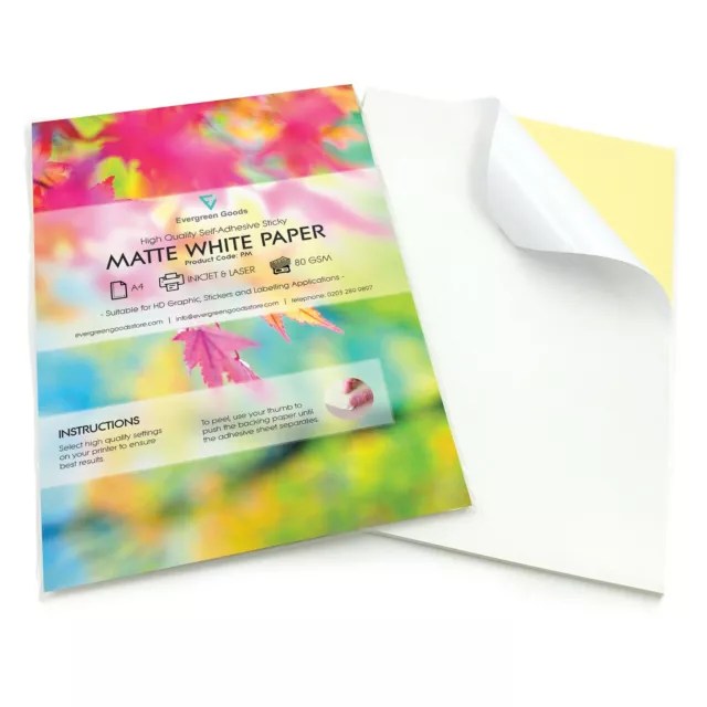 A4 WHITE MATT Self Adhesive / Sticky Back Paper Sheet Sticker Printable ...