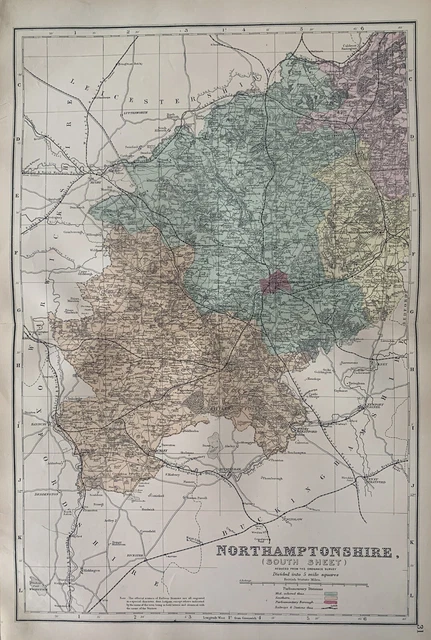 1883 SOUTH NORTHAMPTONSHIRE Hand Coloured Antique County Map by G.W ...