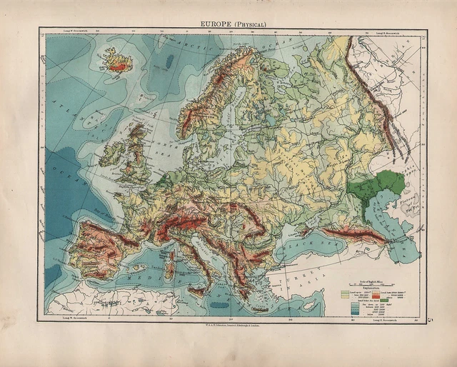 1904 ANCIEN CARTE ~Europe Physique~ Pays Hauteurs Mer Depth Espagne ...