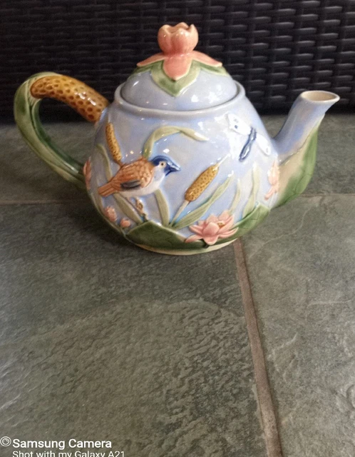 VINTAGE POTTERY MAJOLICA Teapot Henriksen Imports Blue 3D Lotus Blossom ...