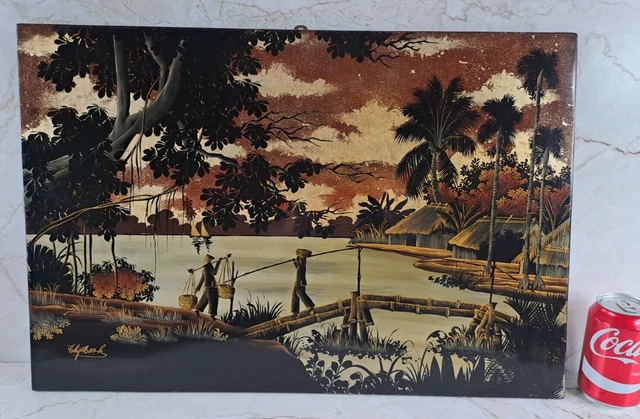 GRAND PANNEAU LAQUE du Vietnam Indochine signé vintage lacquer painting ...