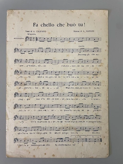 RARISSIMO SPARTITO MUSICALE Fa chello che buò tu Canzone Napoli Aniello ...
