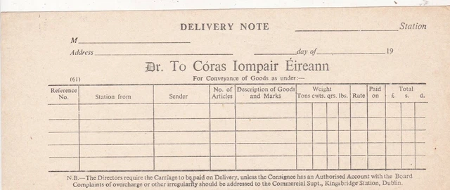IRISH DELIVERY NOTE TO Coras Iompair Eireann Blank Railway Form Ref ...