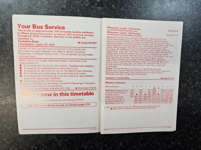 NATIONAL BUS COMPANY Metrobus Yorkshire Transport Timetable Leaflet ...