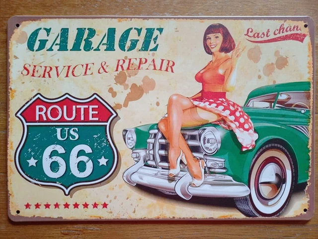 PLAQUE MÉTALLIQUE LITHOGRAPHIÉE, GARAGE, PIN UP, ROUTE 66, 20x30cm EUR ...
