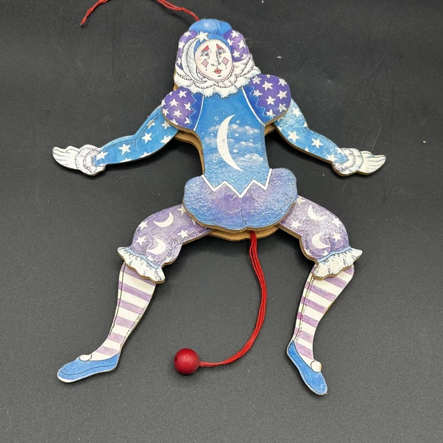 VINTAGE JESTER CLOWN Pull-String Wood Doll Dancing Puppet Terrie Floyd ...