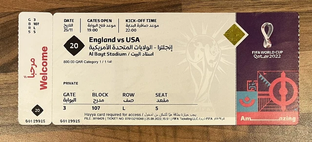 ENGLAND V USA FIFA World Cup 2022 Qatar Ticket Stub Match 20 - Great ...