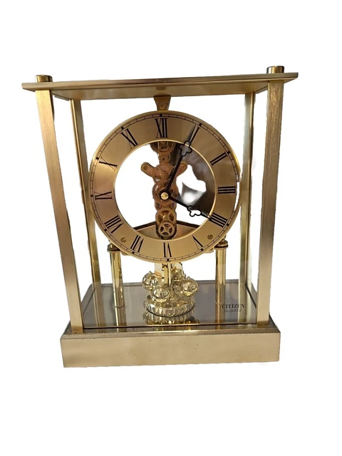 VINTAGE CITIZEN QUARTZ Gold Tone Skeleton Mantle Desk Clock Rare Japan ...