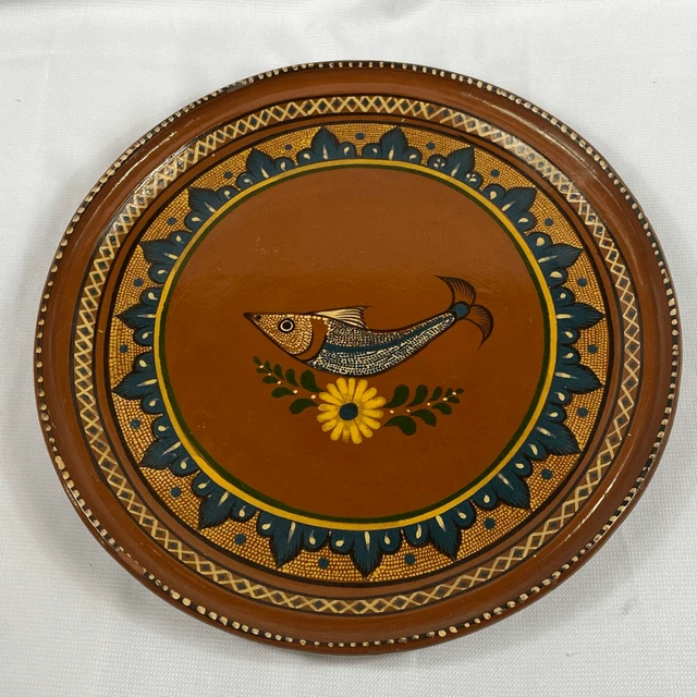 MEXICAN TLAQUEPAQUE REDWARE Clay Folk Art Plate Fish Floral Hand ...