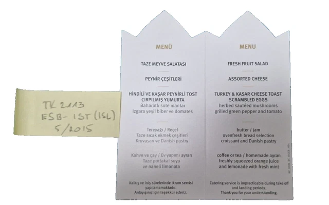 TURKISH AIRLINES BUSINESS class inflight menu TK2113 ESB-IST May 2015 £ ...