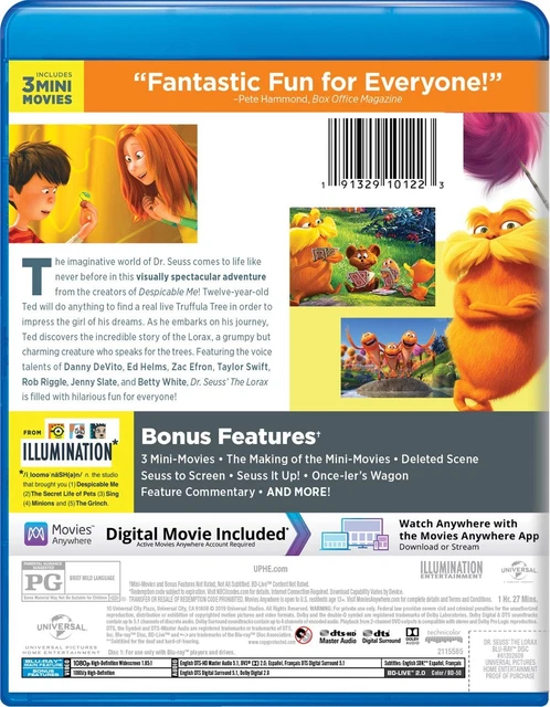 DR. SEUSS' THE Lorax (Blu-ray) Danny DeVito Ed Helms Zac Efron (US ...