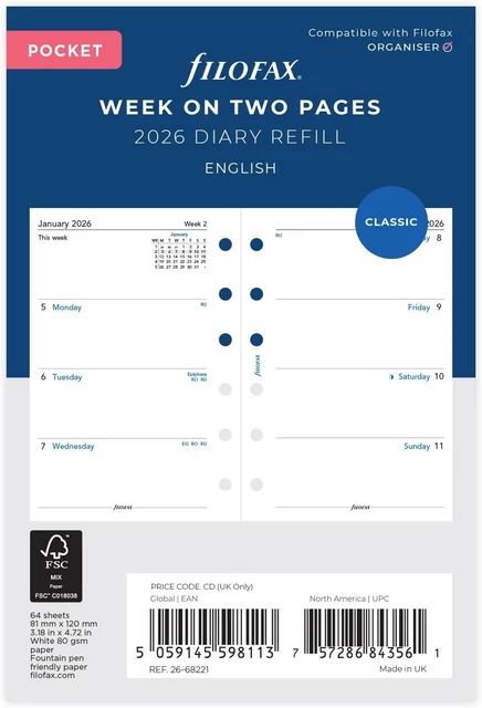 FILOFAX 2026 POCKET Diary Week on Two Pages English 26-68221 White For ...