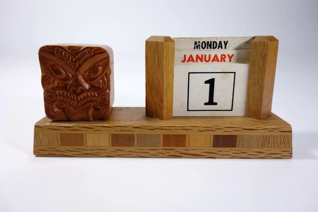 VINTAGE HAND CARVED Maori Tiki Korura Native Wood Perpetual Calendar ...
