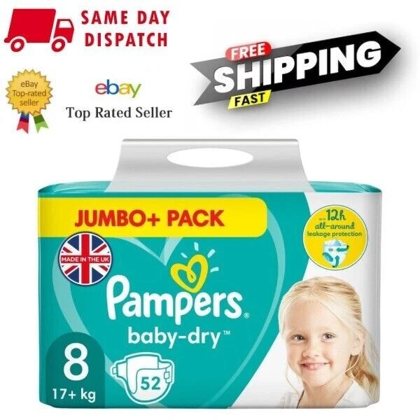 PAMPERS BABY-DRY SIZE 8 Nappies Nappy Jumbo+ Pack 17kg+ 12hr Protection ...