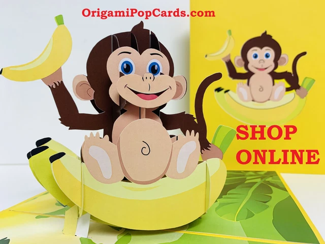 ORIGAMI POP CARDS Cheeky Monkey Go Bananas Pop Up Greeting Card Happy ...