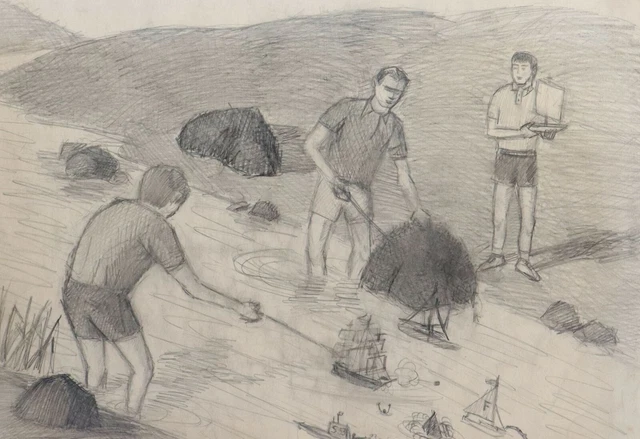 DESSIN AU CRAYON expressionniste vintage scène de paysage jouant des ...