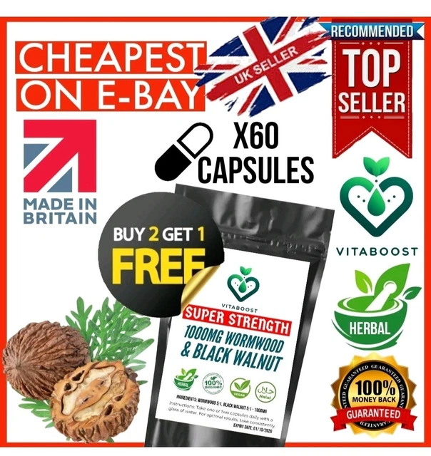 WORMWOOD CAPSULE BLACK Walnut Complex 1000mg Parasite Cleanse Extract ...