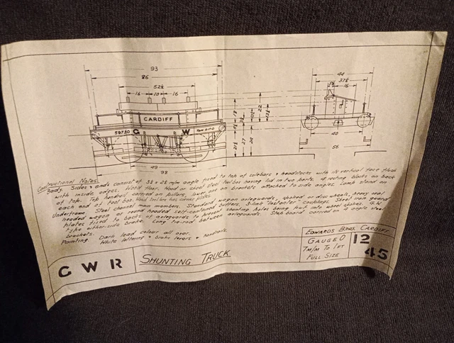OLD TECHNICAL DRAWING GWR Class Shunting Truck Edwards Bros, Gauge 0 ...
