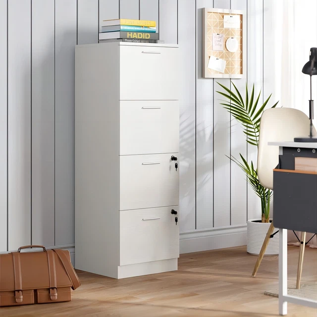 4-DRAWER VERTICAL FILE Cabinet Wooden White Filing Cabinet w/ Lock Home ...