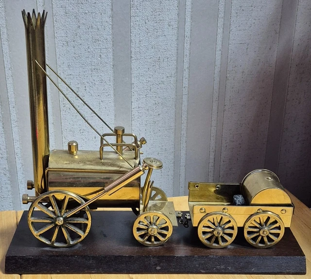 VINTAGE BRASS MODEL Of Stephenson's Rocket Steam Engine On Wooden Base ...