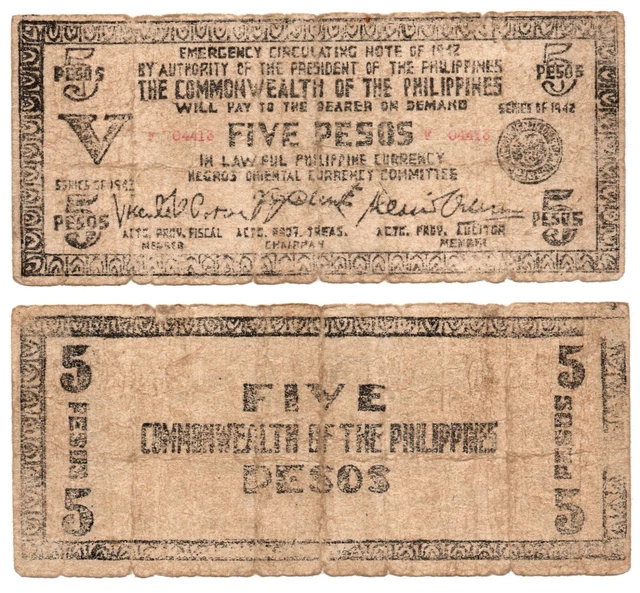 PHILIPPINES 1942 Negros ORIENTAL 5 Pesos WWII Emergency Note NOR-207 ...
