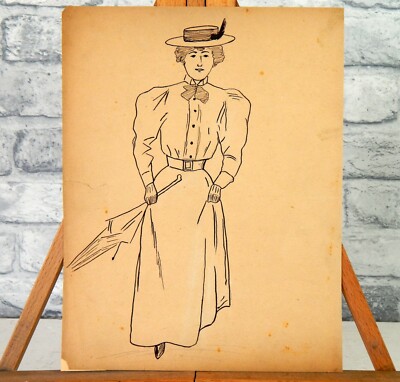 ANTIQUE VICTORIAN EDWARDIAN Original Ink Drawing of a Lady Folk Art ...