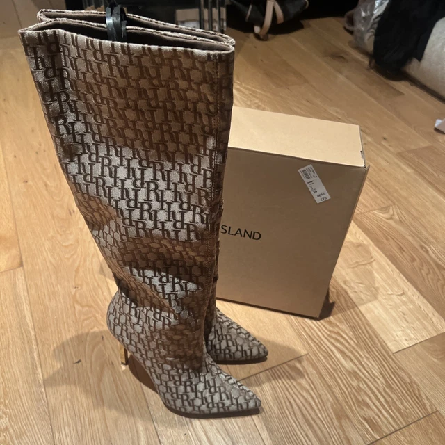 New River Island Boots Women Knee High Beige Fabric Monogram Logo Size