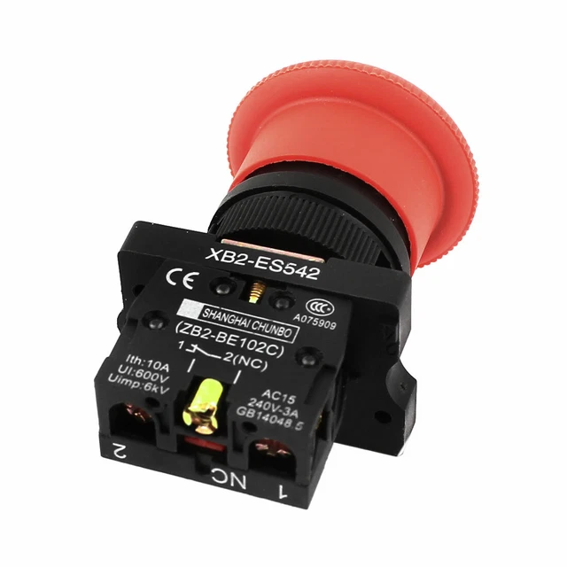 EMERGENCY STOP 22MM Latching SPST NC 2 Pin Mushroom Push Button Switch ...