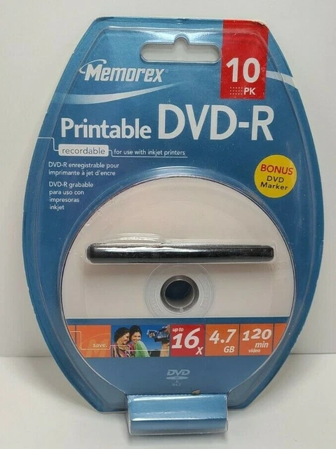 MEMOREX PRINTABLE DVD-R Recordable 10 Pack with Marker Free Shipping ...