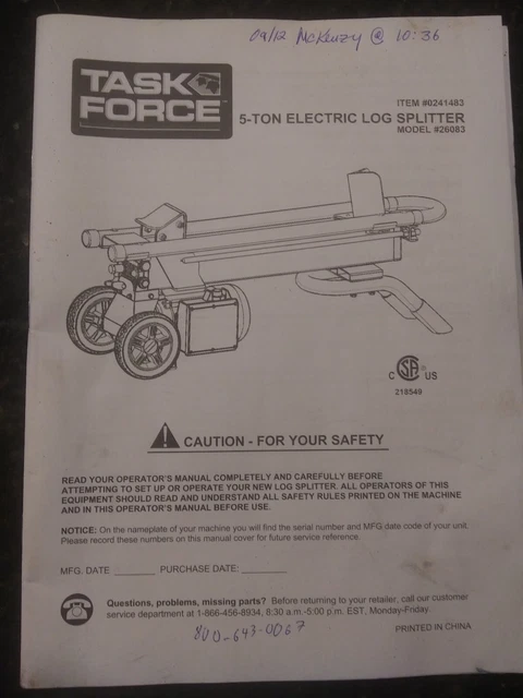 TASK FORCE 5 Ton Electric Log Splitter Operator Parts Manual 2683 ...