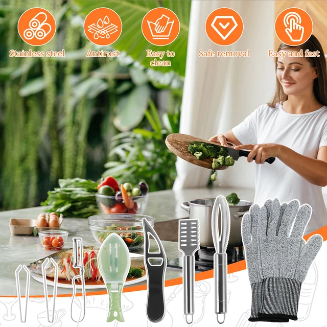 8 PCS FISH Scale Remover with Gloves Stainless Steel Fish Scaler sdaqf ...