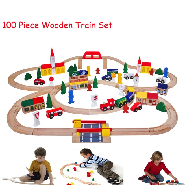 HYGRA 100 PIECE Wooden Train Set Railway Childrens Large Play Set ...